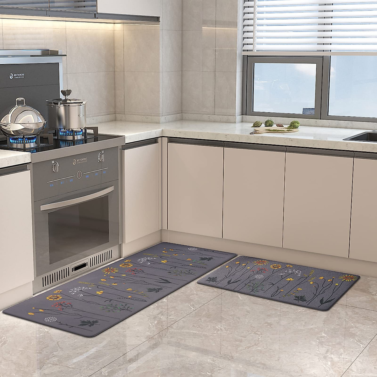 Rempry Kitchen Rugs and Mats Set of 2, Colorful Flowers , Non Slip Cushioned Anti-Fatigue Floor Mats for Kitchen Sink Office, 17"x47"+17"x29"