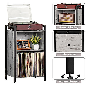 LELELINKY Record Player Stand, Industrial 2 Tier Vinyl Record Storage Cabinet with Steel Frame, Turntable Stand Holds Up to 100 Albums, Record Holder Table for Music Room, Living Room, Bedroom -Grey