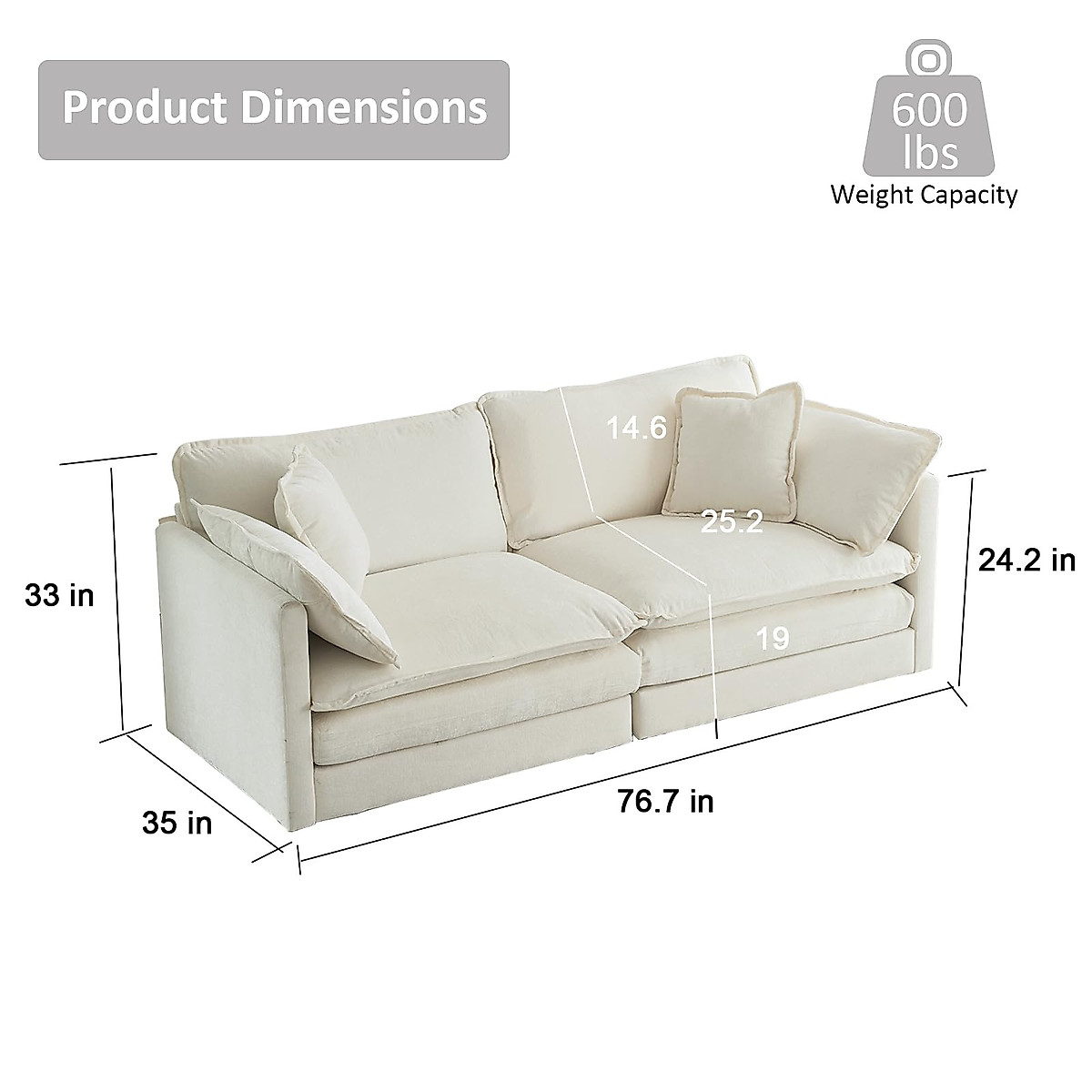 KIVENJAJA Chenille Loveseat Sofa, Oversized 2-Seater Small Cloud Couch, Modern Comfy Deep Seat Love Seat with 4 Pillows for Living Room Bedroom Office Apartment, 76.7”W, Beige