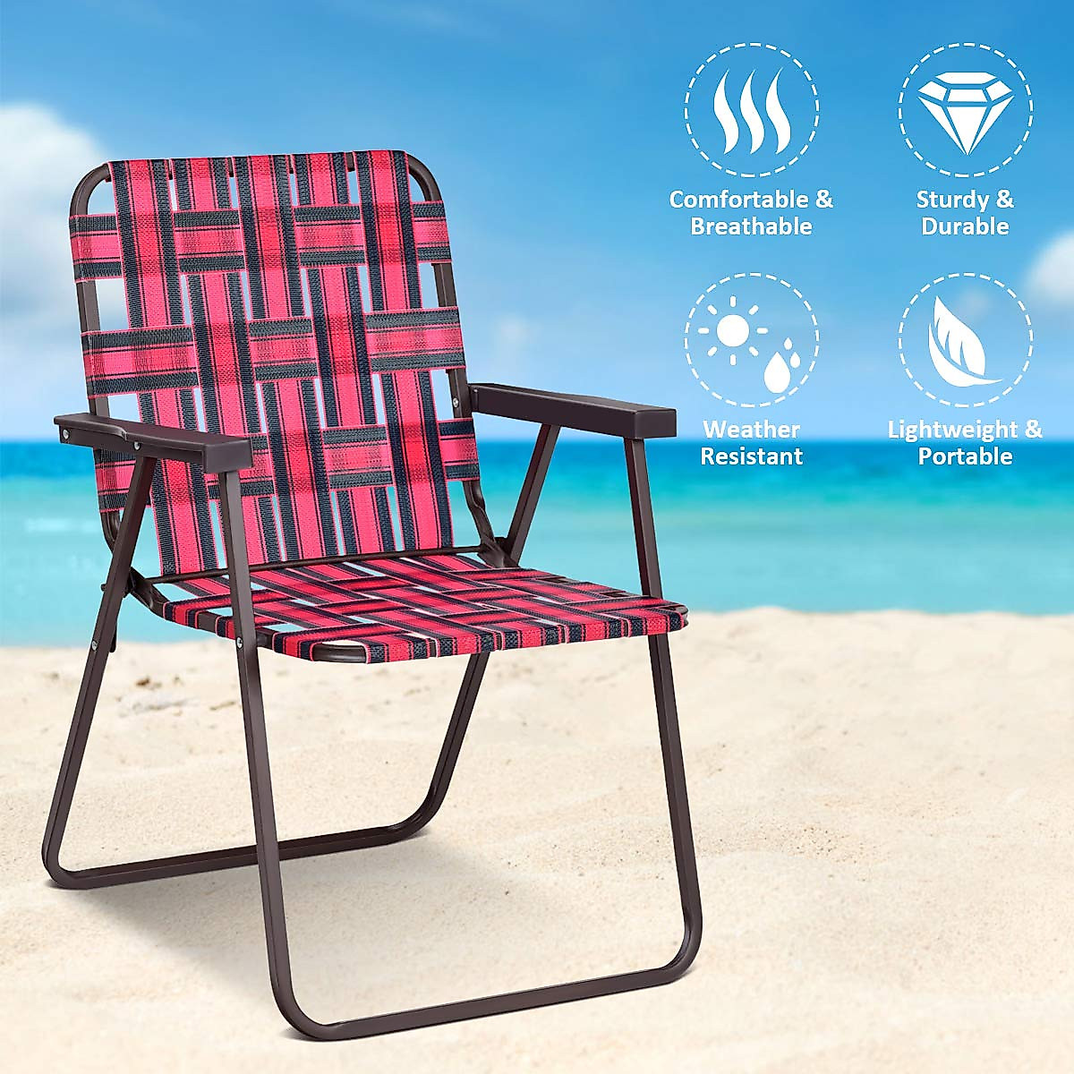 6 PCS Folding Lawn Chairs Set, Portable Outdoor Patio Chairs w/Stable Metal Frame & Armrests, Webbed Folding Beach Chairs Set for Lawn Patio Garden Backyard (Red)