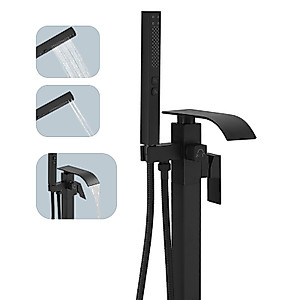 BESy Tub Filler Freestanding Bathtub Faucet Matte Black Floor Mount Tub Faucet Waterfall Free Standing Bathtub Filler High Flow Brass Bath Shower Faucets with Handheld Sprayer