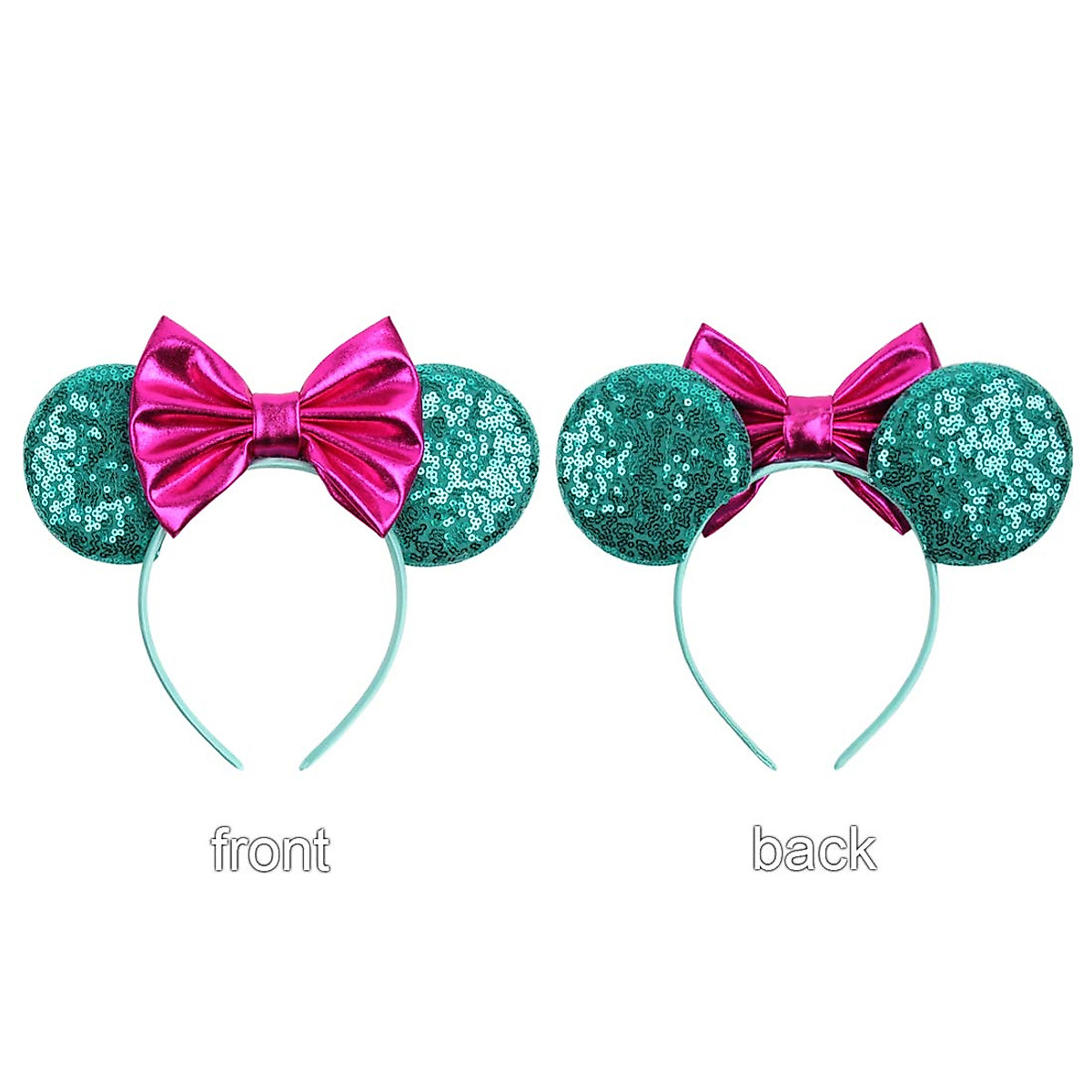 YanJie Mouse Ears Headbands, Glitter Party Mermaid Hot Pink Metallic Bow Favor Decoration Cosplay Costume for Girls Party (Green/Hot Pink)