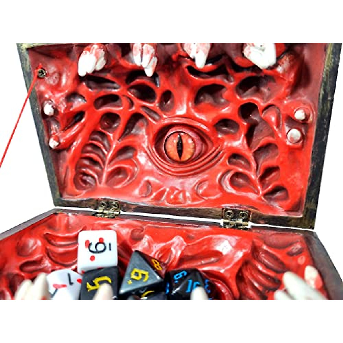 Power Beast Dungeon Mimic Chest Dice Storage Box with Glass Eye, Miniatures and Dungeons and Dragons Accessories, D&D Gift, DND, Dungeon Master, Holds up to 5 Sets of Polyhedral Dice. RPG Game. (RED)