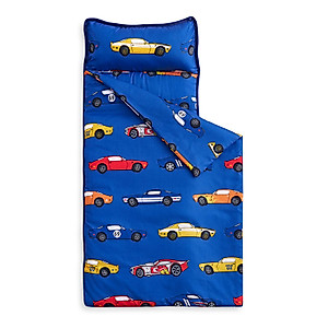 Wake In Cloud - Nap Mat with Removable Pillow for Kids Toddler Boys Girls Daycare Preschool Kindergarten Sleeping Bag, Sports Race Cars Supercars on Blue, 100% Soft Microfiber