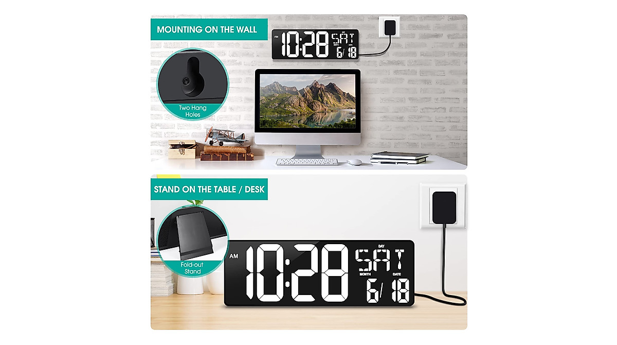 Large Digital Wall Clock with LED Display & Auto-Dimming | Tetino