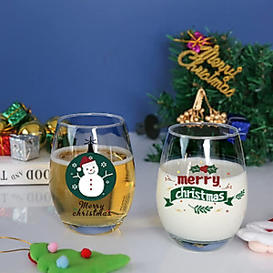 Set of 2 Merry Christmas Wine Glass, 15 Oz Christmas Snowman Stemless Wine Glass for Friends Dad Mom Women Men Christmas Wedding Party Winter Holiday Birthday Party