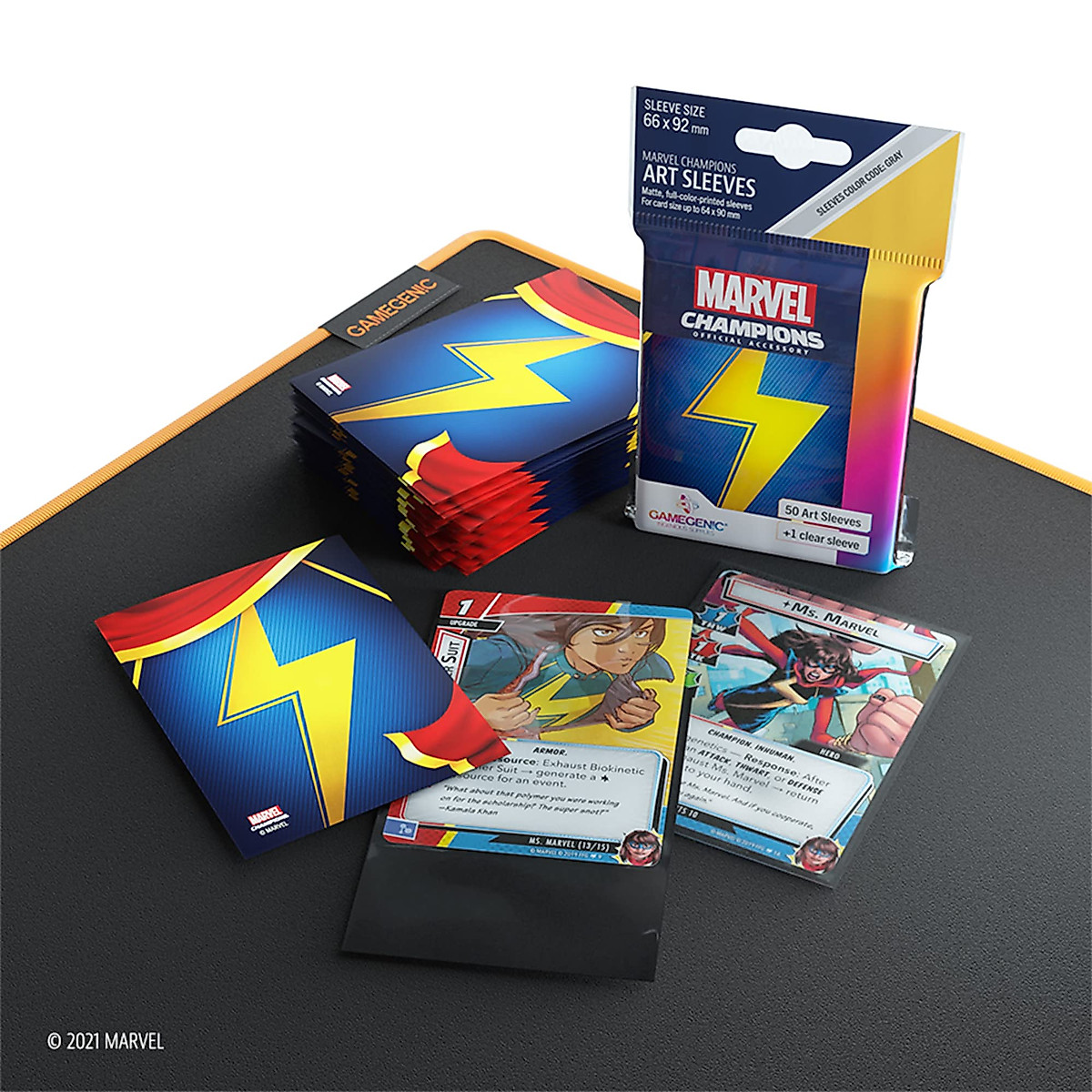 Gamegenic Marvel Champions The Card Game Official Ms. Marvel Art Sleeves - Pack of 50 Art Sleeves and 1 Clear Sleeve, Card Game Holder, Use with TCG and LCG Games, Made by Fantasy Flight Games