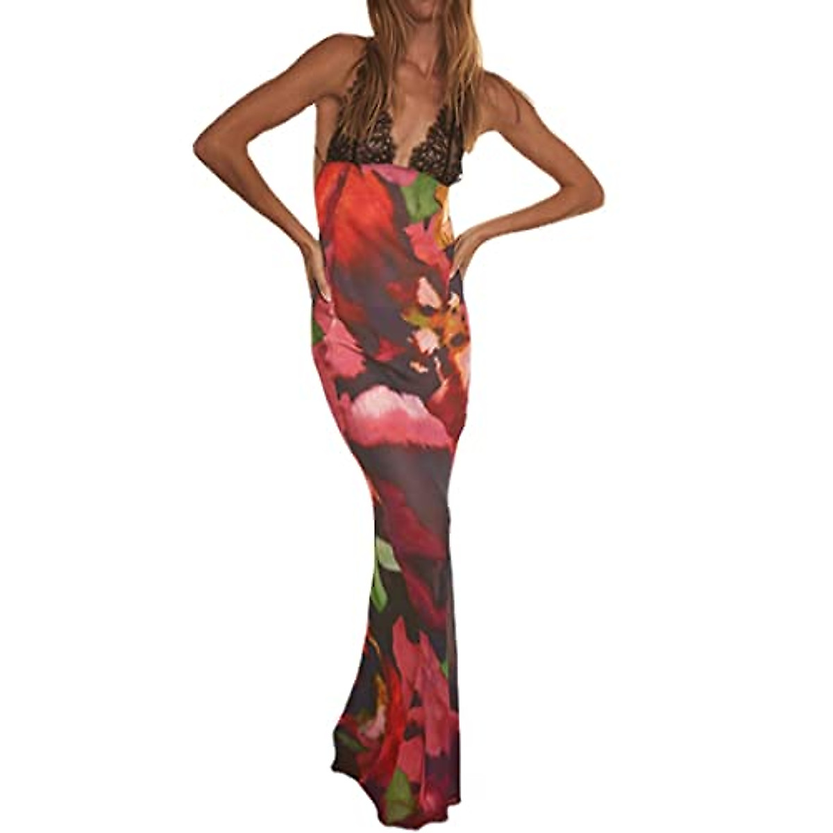 XPONNI Backless Spaghetti Strap Maxi Dresses for Women, Red Satin Tie Dye Bodycon Dress Y2k, Sexy Party Dress with Lace Strap (Medium,Medium)