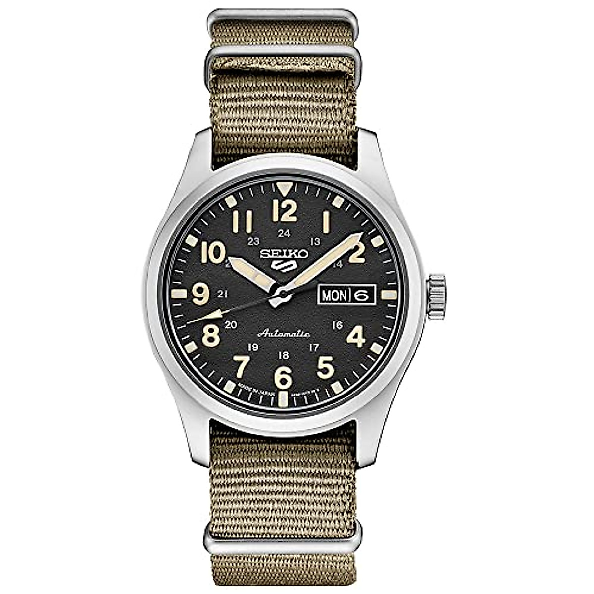 SEIKO SRPG35 Watch for Men - 5 Sports - Automatic with Manual Winding Movement, Black Dial, Stainless Steel Case, Beige Nylon Strap, 100m Water Resistant, and Day/Date Display