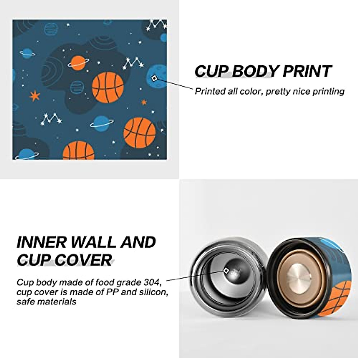 CaTaKu Small Water Bottle 12 oz, Space Planet Basketball Insulated Water Bottle for Water Coffee Tea Stainless Steel Flask Thermos Bottle Reusable Wide Mouth Vacuum Travel Mug