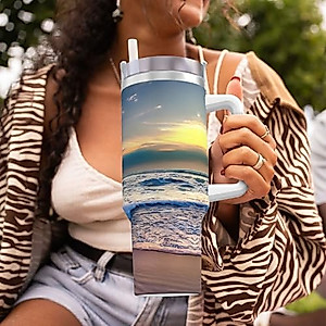 HULIBIN Serene Seaside Sunset Print Double Deck Stainless Steel Travel Coffee Cup With Lid 40 Oz Ice Bully Cup