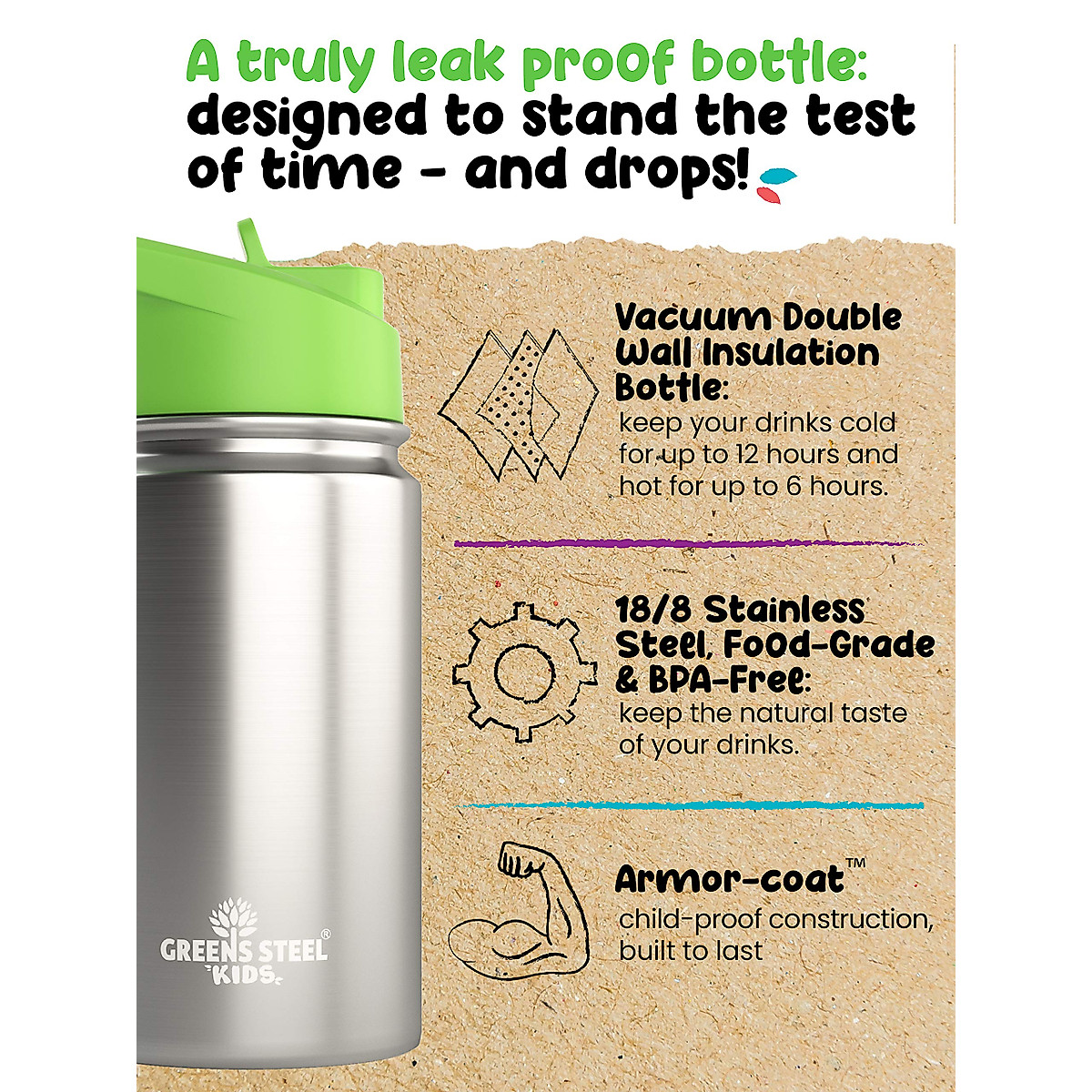 Kids Water Bottle - 12oz Stainless | Leak Proof With Straw & Handle | 24 Hours Cold | Insulated, Double Wall Stainless Steel | Easy Sip Toddler Cup | Child's Flask | Eco Friendly