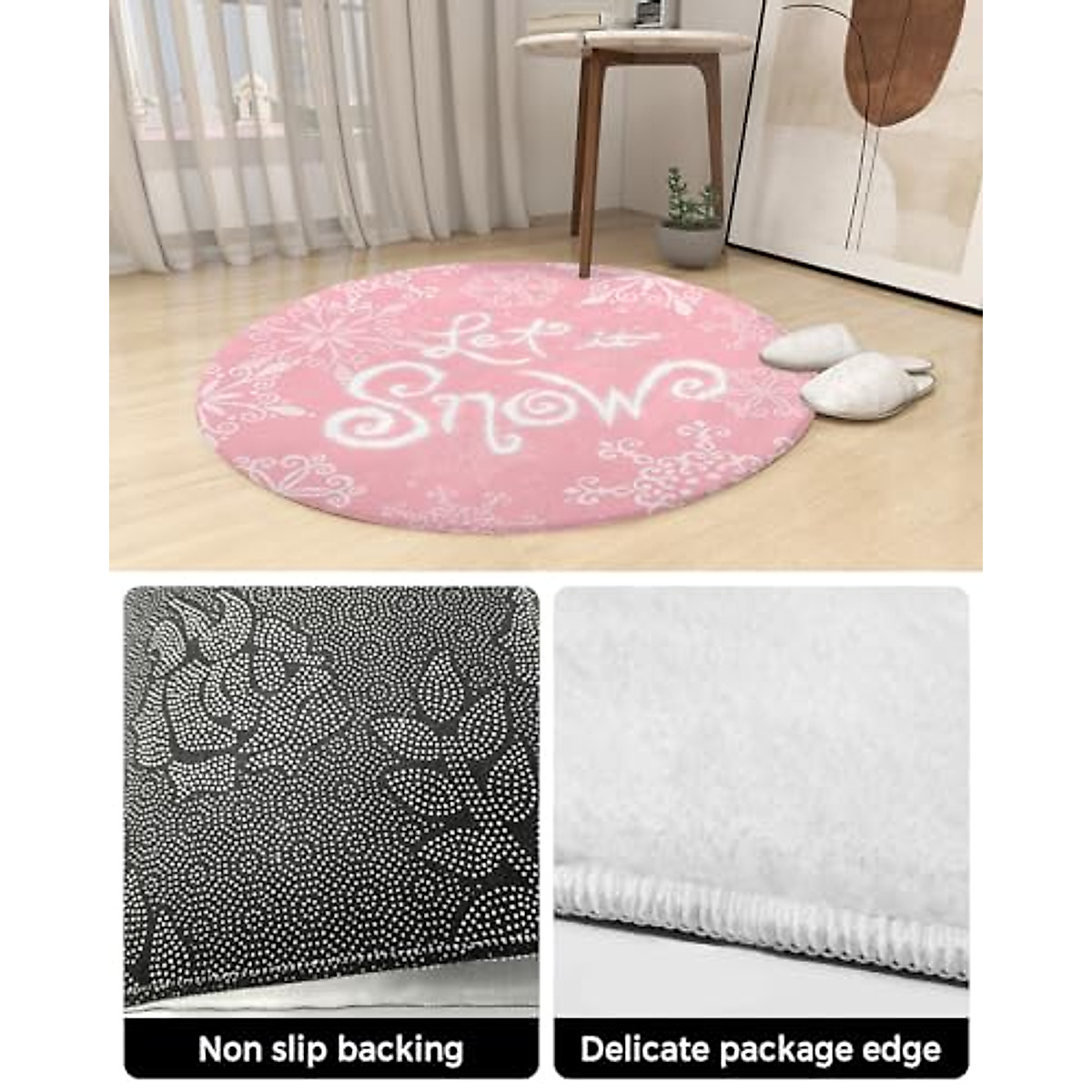 Pink Snowflake Fluffy Round Area Rug Carpets 3.3ft, Plush Shaggy Carpet Soft Circular Rugs, Non-Slip Fuzzy Accent Floor Mat for Living Room Bedroom Nursery Decor Merry Christmas Fantasy Winter Holiday