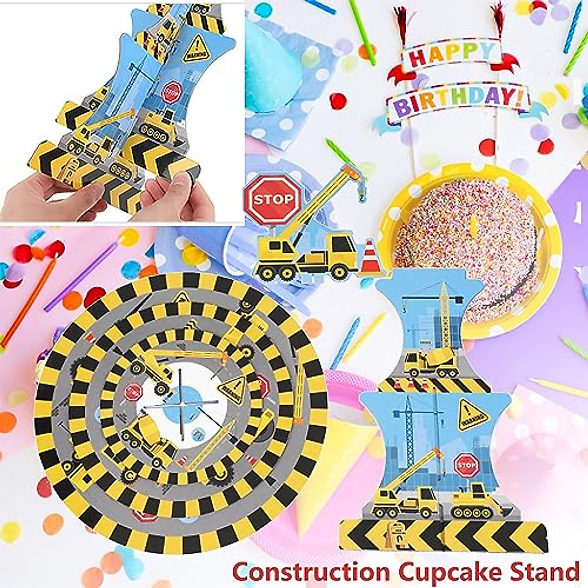 Cupcake Stand for Construction Birthday Party Supplies with 12pcs Cupcake Toppers, Construction Cupcake Holder for Birthday Decorations, 3 Tier Cupcake Stand for Boys Birthday Cake Decorations