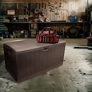 Plastic Development Group 105 Gallon Weatherproof Large Double Wall Plastic Outdoor Patio Storage Deck Box with Soft Close Lid, Java Brown