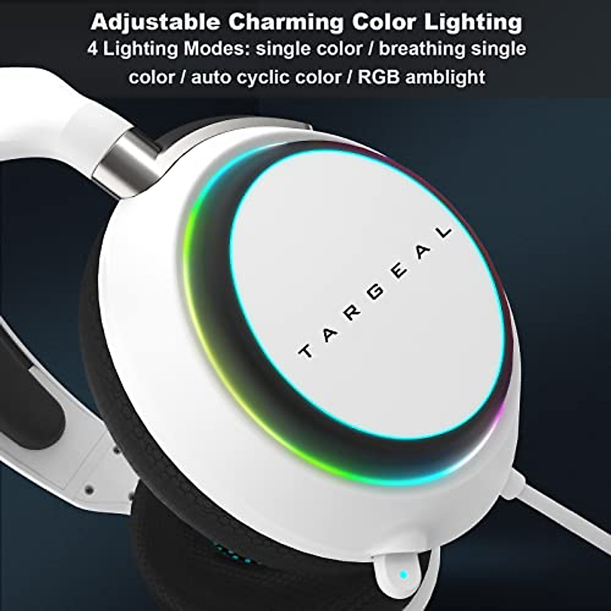targeal PC Gaming Headset with Microphone for PS5/PS4/Switch/PC/Laptop/Mac - USB Wired 7.1 Surround Sound Gamer Headphone with Noise Canceling Mic - 4 Modes RGB- White Headset
