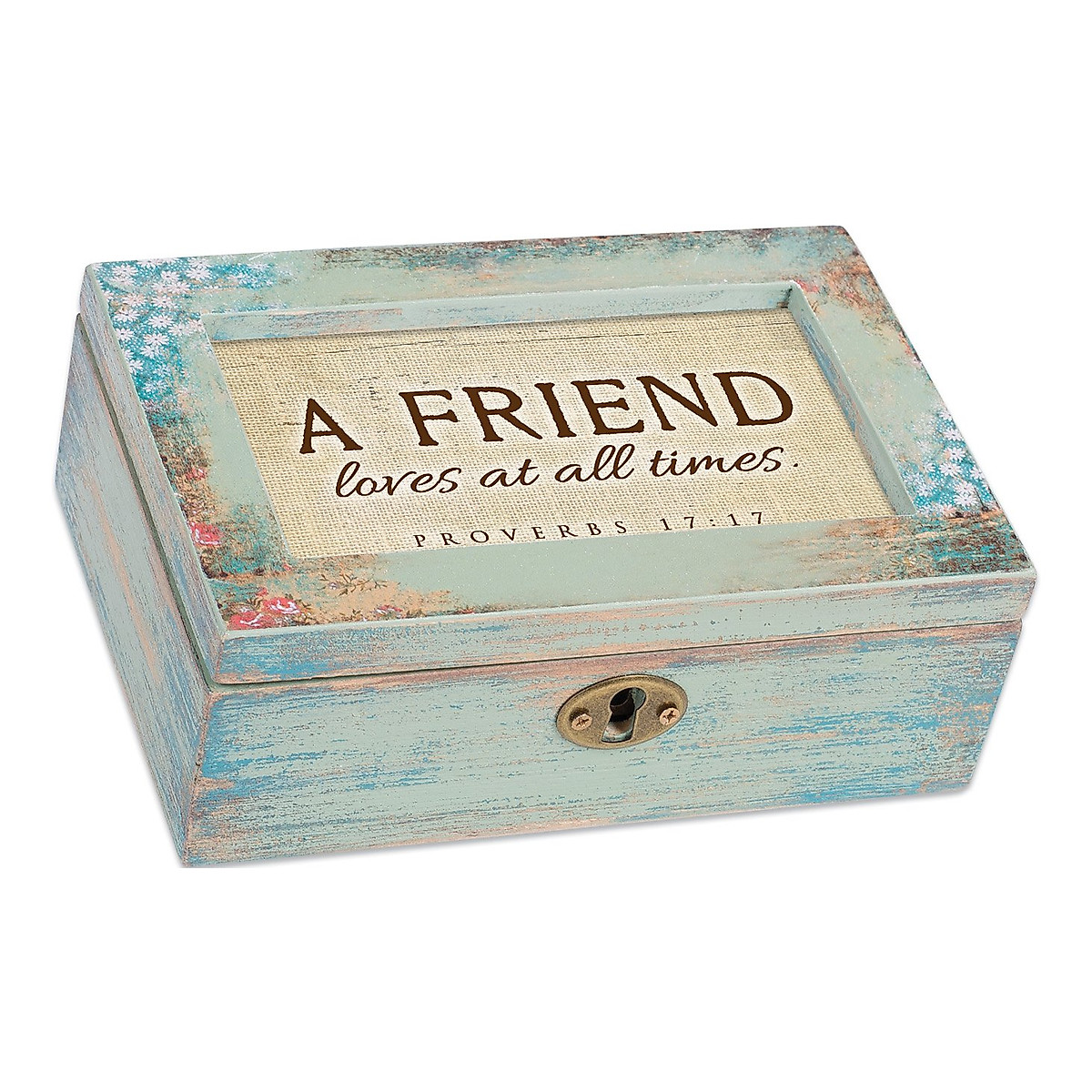 Cottage Garden A Friend Loves at All Times Distressed Wood Jewelry Music Box Plays Tune We Have a Friend in Jesus