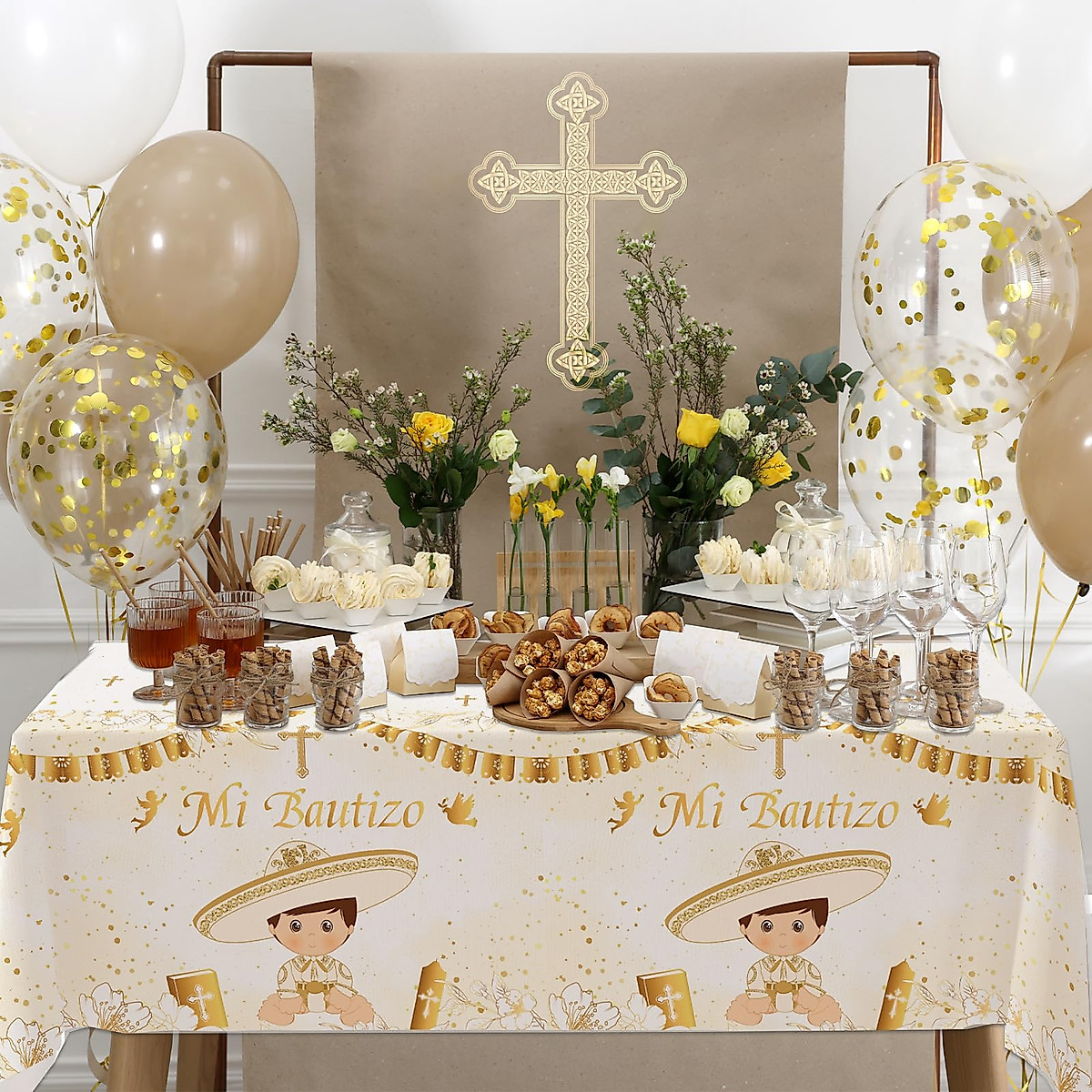 GREHUMOR Mi Bautizo Decoration-First Communion Tablecloth for Boy God Bless,Baptism Party Decoration Christening Party Supplies 2PC