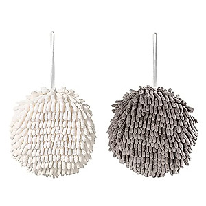 2 Pack Chenille Hanging Hand Towel Ball Soft Absorbent Microfiber Hand Towels Plush Quick-Drying Hanging Hand Towel Ball with Hanging Loops for Bathroom Kitchen, White and Gray