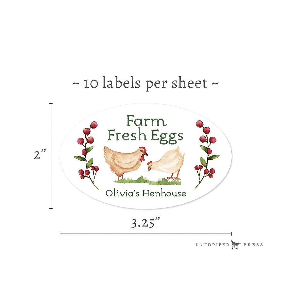 Egg Carton Labels - Custom oval personalized stickers, hens and red berries, 3.25" x 2", 10 per sheet