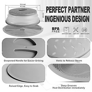 Pack 2, Aidacom Microwave Mat & Food Cover- 12" Mat as Bowl Holder, Cover for Splatter Guard, Multi-use: Silicone Trivet, Pot Holders, Drying, Baking, Placemat, Utensils Rest for Kitchen Counter, Grey