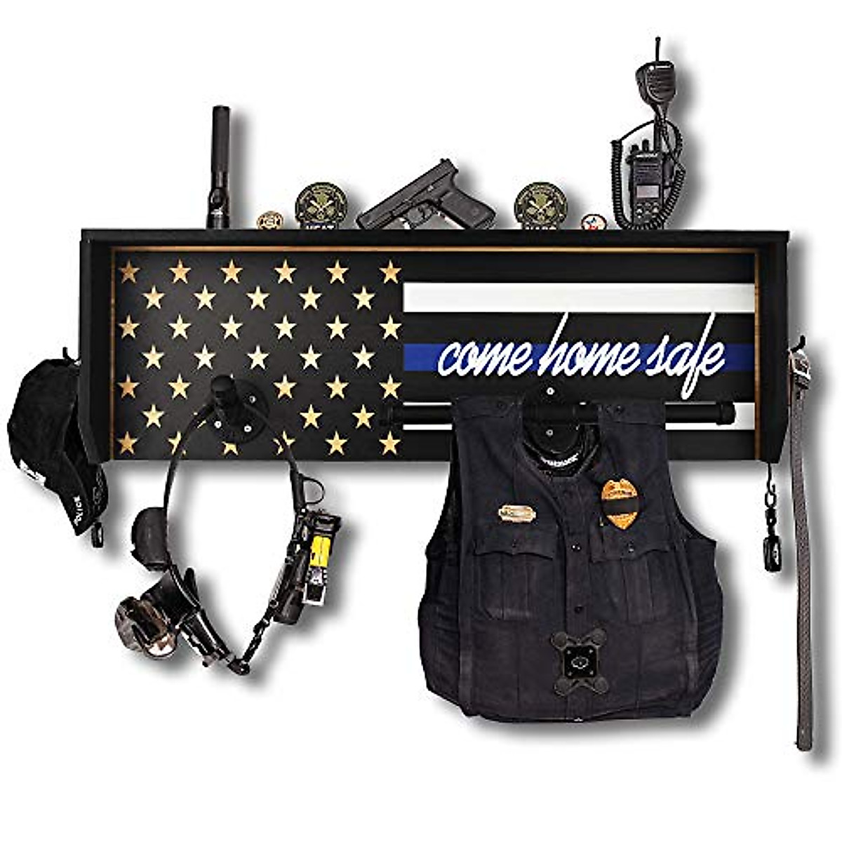 NIAVIS Personalized Customization Wall Mounted Tactical Duty Gear Rack with Police Flag – Police Storage Shelf & Law Enforcement Organizer-Police Gift Decor