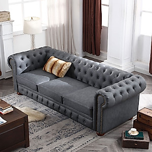Neylory Leather Couches for Living Room, 3 Seater Classic Chesterfield Sofa Couch with Button Tufted Back and Roll Arms, 88.5-Inch Faux Leather Sofa with Nailhead Trim and Solid Wood Legs