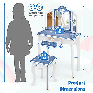 Olakids Kids Vanity Set, 2 in 1 Wooden Princess Makeup Table and Chair Set with Detachable Tri-Folding Mirror Storage Drawer, Snowflake Themed Girls Pretend Beauty Dressing Play Toy Gift (Blue)