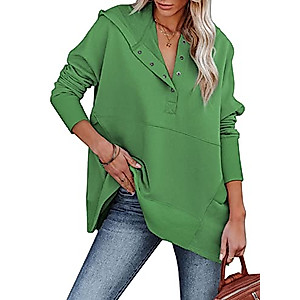 AlvaQ Women Casual Henley Hoodie Pullover Oversize V Neck Long Sleeve Button Down Sweatshirt with Pocket Plus Size Green, XX-Large