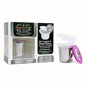 EZ-Cup Stainless Steel Reusable K Cup Coffee Pod for Keurig + 25 Disposable Paper Filters - Refillable Capsule Compatible with Keurig 1.0 2.0 K-Slim K-Mini Plus K-Duo K-Series & Other Select Models