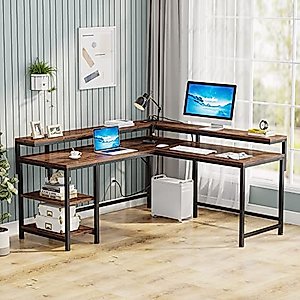 Tribesigns L Shaped Desk with Power Outlets, Reversible Corner Computer Desk with Monitor Stand and Storage Shelves, Home Office Gaming L Desk with USB Port, Brown