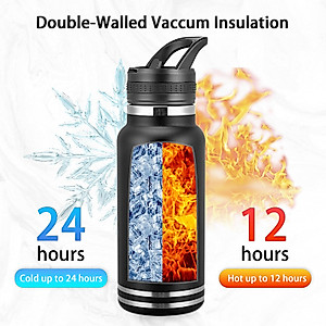 Insulated Water Bottle With Straw,32 oz Vacuum Insulated Stainless Steel Sports Water Flask with 2 Lids & 2 Straws,Keeps Cold and Hot,Metal Water Bottle Wide Mouth for Gym Travel Camping(Black)