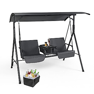 OKL 2 Seat Outdoor Patio Swing Chair, Canopy Swing with Cooler Removable Cushion and Weather Resistant Steel Frame, Hanging Porch Gray