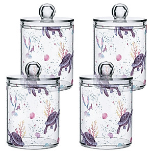 Wusikd Turtle 4 Pack Qtip Holder Organizer Dispenser Coral Shells Bathroom Storage Canister Cotton Ball Holder Bathroom Containers for Cotton Swabs/Pads/Floss