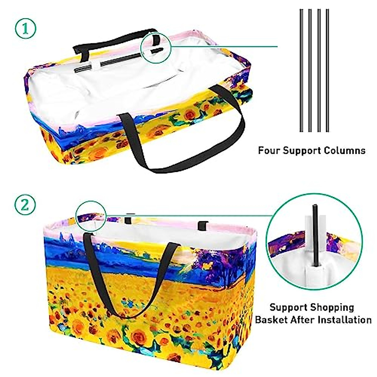 KQNZT Reusable Grocery Bags, Large Foldable Reusable Shopping Tote Bags Bulk for Groceries, Waterproof Kitchen Cloth Produce Bags with Long Handles, Sunflower Sunrise Oil Painting