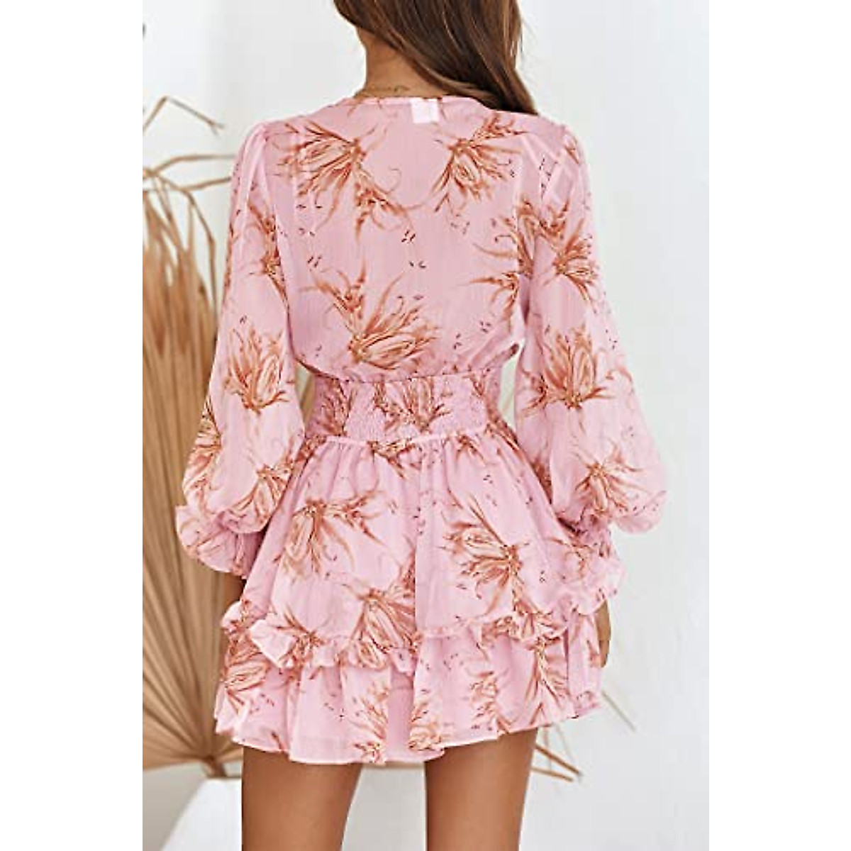 PRETTYGARDEN Women's Short A-Line Flare Dress Knot Front Long Sleeve V Neck Tiered Ruffle Swing Mini Skater Dresses (Pink Floral,X-Large)