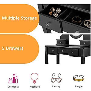 Vanity Table Set, Wooden Dressing Table with Oval 360° Rotating Mirror, 5 Storage Drawers, Painted Finish, Vanity Makeup Table with Padded Stool Seat, Detachable Table Top, Easy to Assemble (Black)