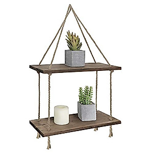 Flexzion Wall Hanging Shelf for Plants, 2 Tier Floating Rope Shelves with Hooks, Boho Wall Decorations for Bedroom Bathroom Living Room Farmhouse Rustic Decor Display Shelf for Plant