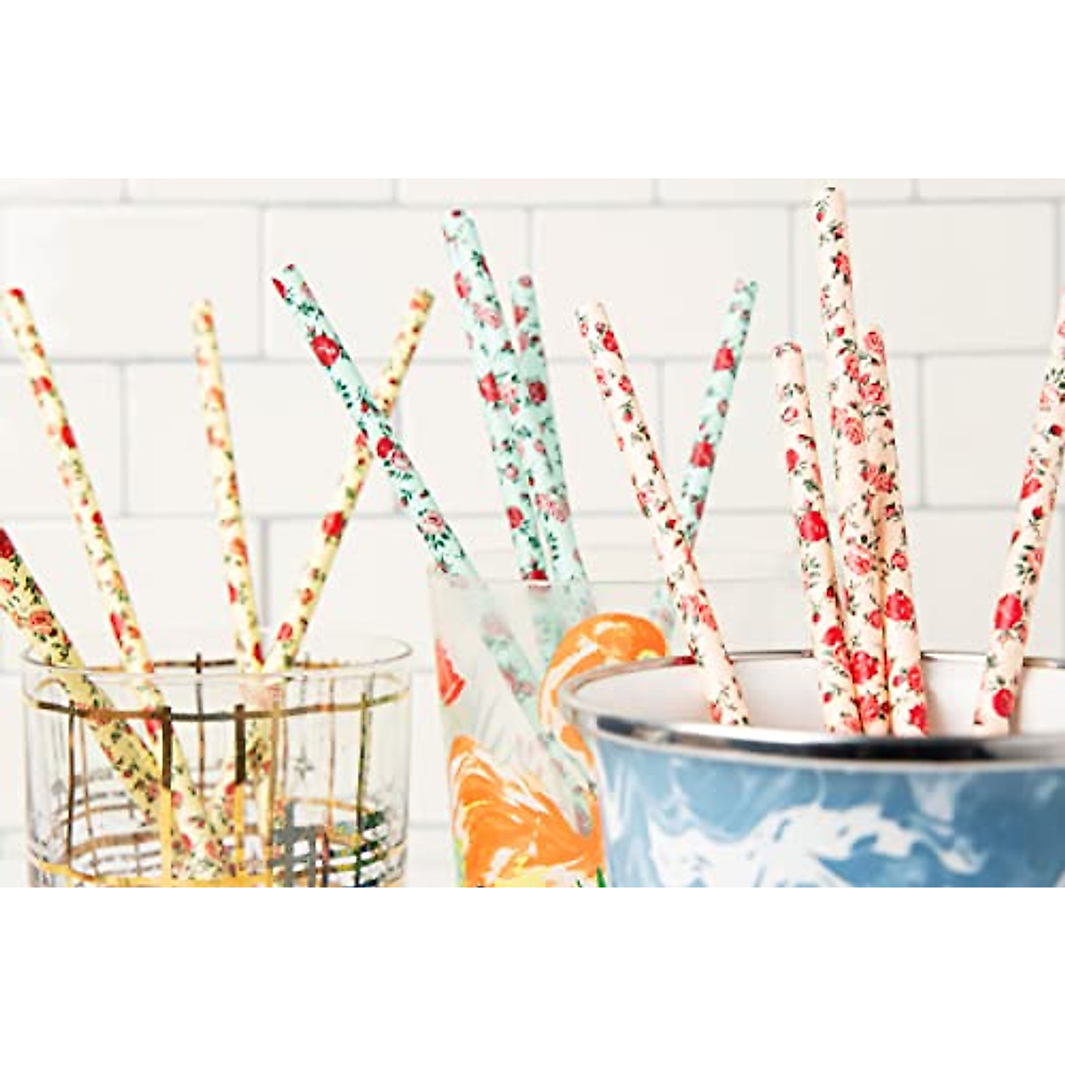 75-Pack Biodegradable Floral Paper Straws - Pink, Blue, Yellow - Vintage Flower & Rose Design - Eco-Friendly Disposable Straws for Parties by JPACO