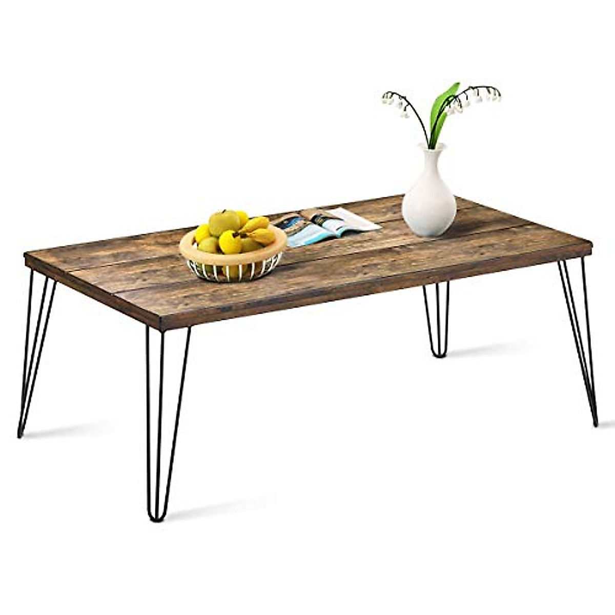 Giantex Rustic Coffee Table w/Wooden Top & Metal Hairpin Legs, 44" Large Rectangle Sofa Table w/Spray Paint, Industrial Style, Boho Wooden Table for Living Room, Reception Room, Home Office (Walnut)