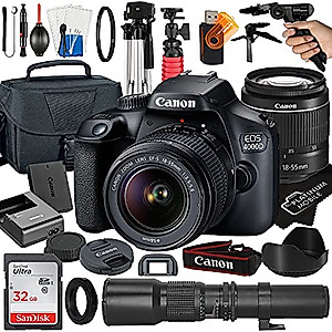 Canon EOS 4000D / Rebel T100 DSLR Camera with EF-S 18-55mm + 500mm Preset Manual Focus Lens + SanDisk 32GB Card + Tripod + Case + MegaAccessory Bundle (23pc Bundles) (Renewed)