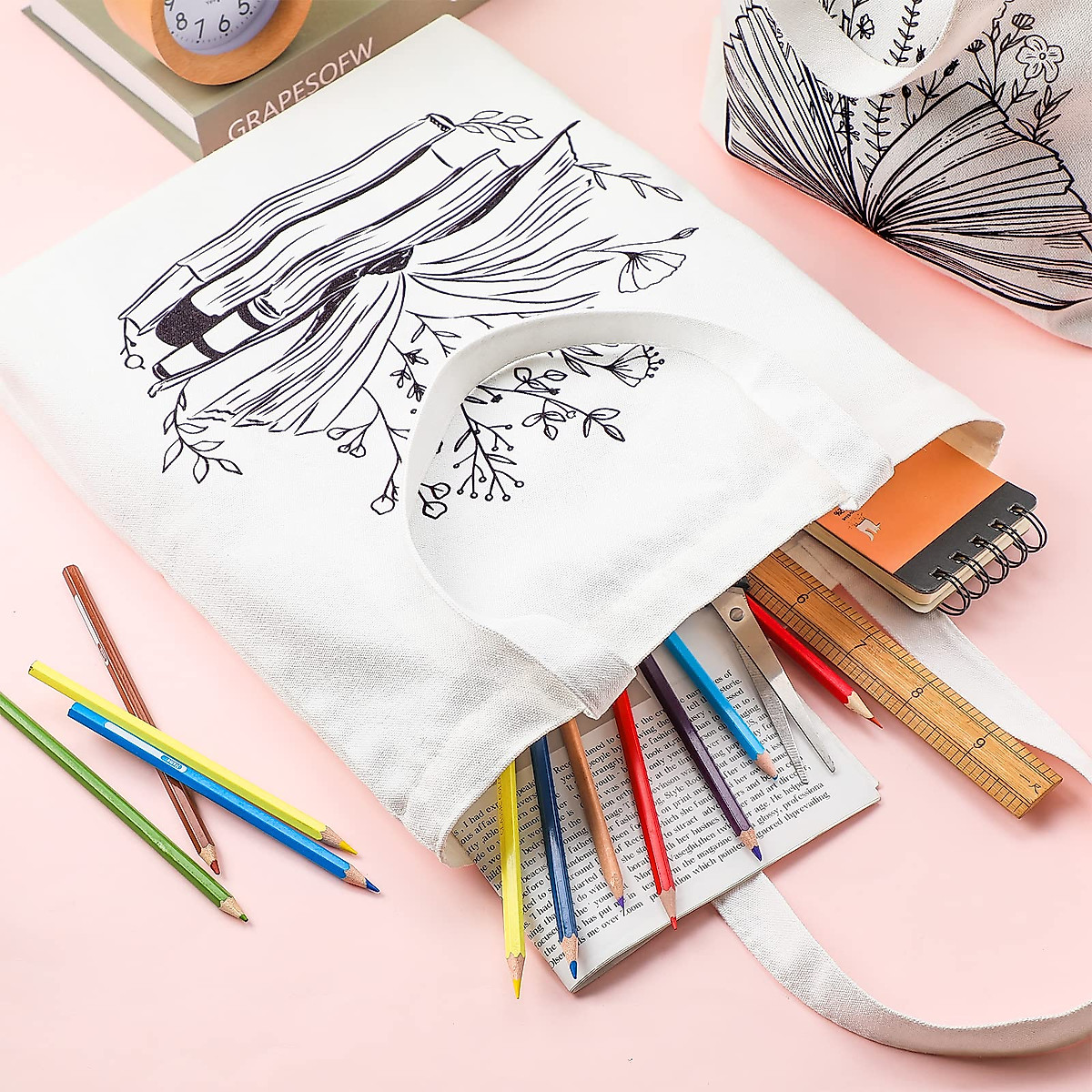 Sweetude 6 Pcs Canvas Aesthetic Tote Bag for Women Wildflower Book Tote Bag Bulk Shopping Bags School Shoulder Bag Reusable Grocery Bags Women's Tote Handbags