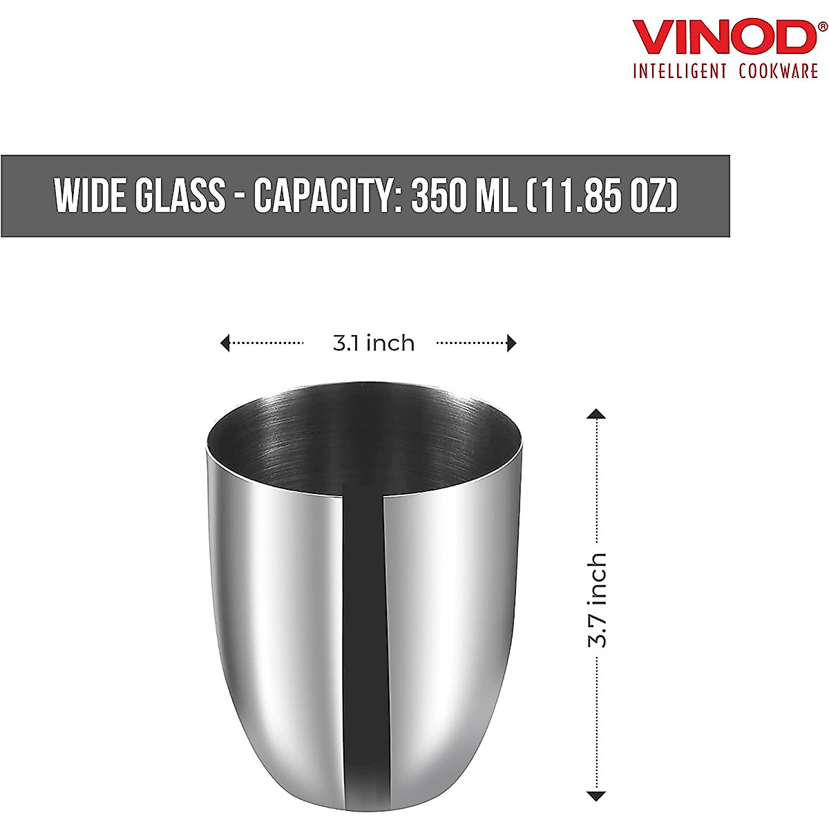 Vinod 12 OZ Premium Stainless Steel Glass, Set of 4 Water Drinking Cups, Premium Metal Cups, Drinking Wine Glasses for Milk, Juice, Beer, Whisky, Alcohol, Reusable, 12 Ounce Cups