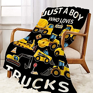 Truck Blanket Gifts 40 x 50 Inch for Kid,Just A Boy Who Loves Trucks Throw Blanket Fannel,Fleece Super Soft Travel Throw Blanket for Bed Couch Sofa