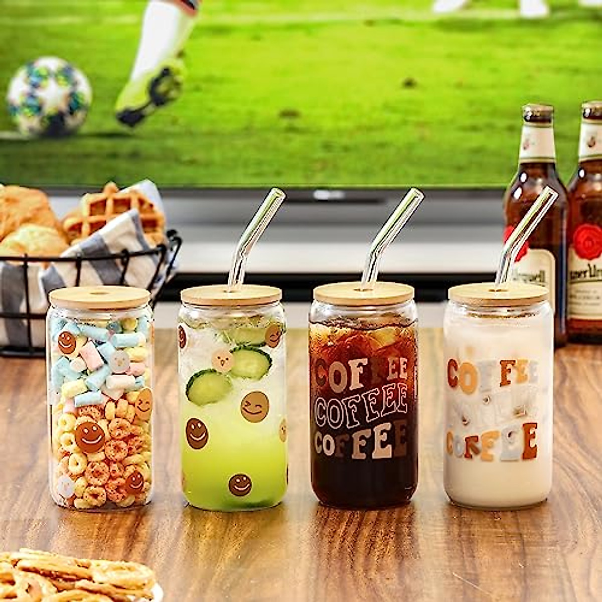 Glass Cups with Lids and Glass Straws with Design 4pcs Set - 16oz Cute Iced Coffee Sublimation Glasses, Beer Can Shaped Drinking Glasses Tumbler, Coffee Bar Accessories, Aesthetic Housewarming Gifts