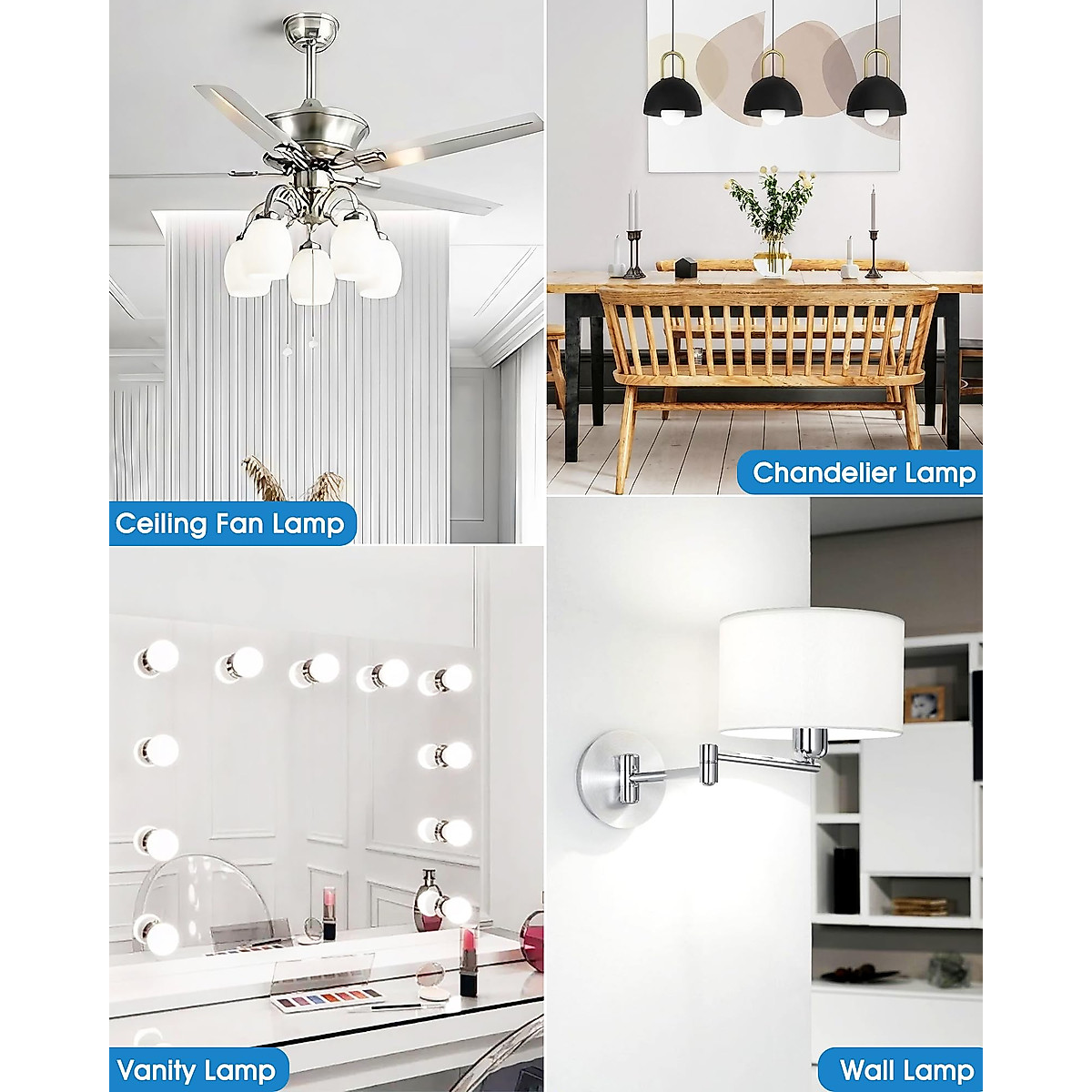 EvaStary Ceiling Fan Light Bulbs, 60W Equivalent E12 LED Bulb, Super Bright 600LM Daylight 5000K Small Base A15 Shape Candelabra Bulb for Chandelier, Ceiling Fans, Non-dimmable, 85-265V, 6 Pack