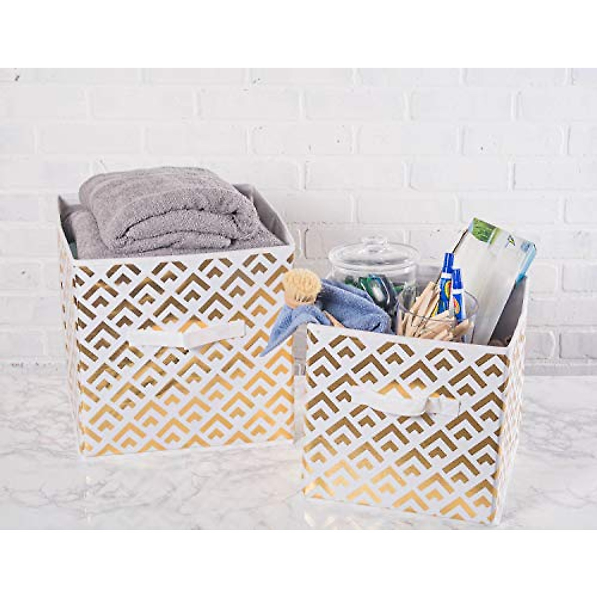 DII Non Woven Polyester Metallic Diamond Storage Bin, Small Set of 2, White/Gold