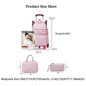 Mfikaryi 3PCS Girls Rolling Backpack Elementary Student Schoolbag Travel Trolley Bag Wheeled Bookbag with Lunch Box