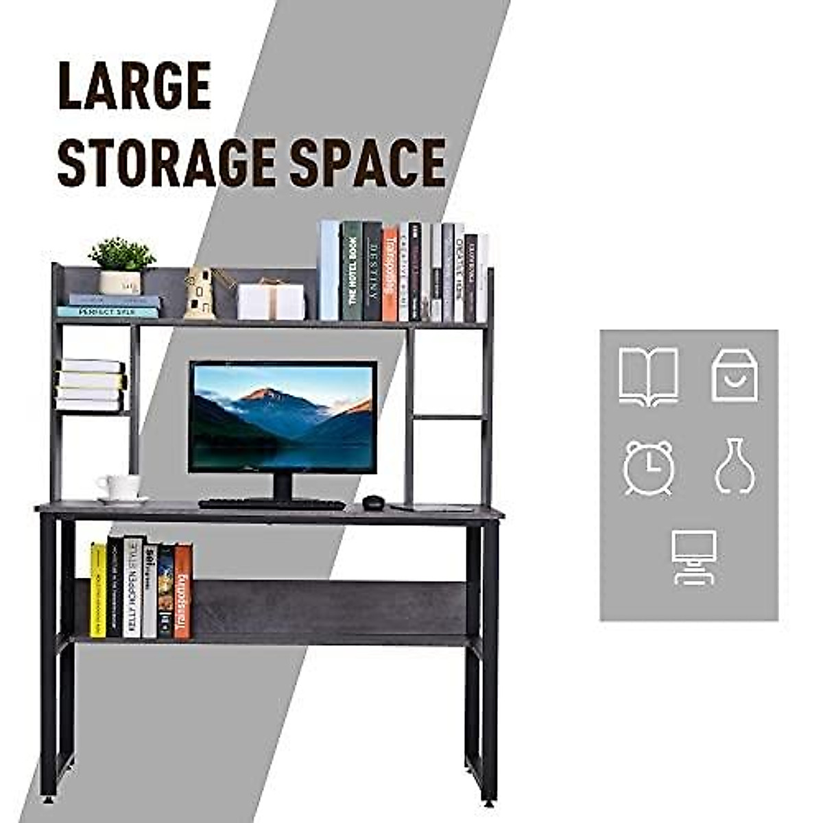 HOMCOM Office Computer Desk Writing Table Workstation with Storage Shelves, Decorative Hutches, & Strong Build, Grey