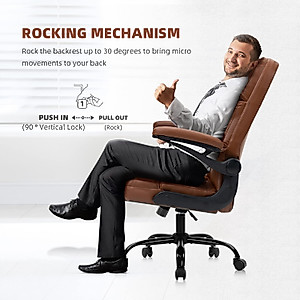 YAMASORO Office Chair Home Desk Chairs with Wheels Executive PU Leather Swivel Chair with Adjustable Height and Flip-up Arms for Adult and Teens,Portable Brown
